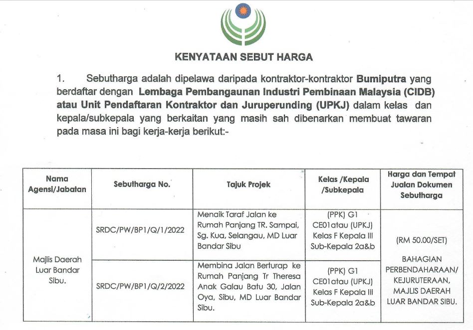 Announcement - Laman Web Rasmi Majlis Daerah Luar Bandar Sibu